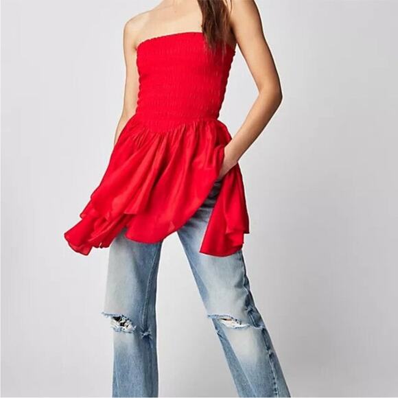 Free People | Tops | Free People One Kiana Red Smocked Strapless Top ...